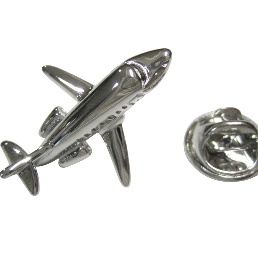 Silver Toned Private Jet Plane Lapel Pin - Gem
